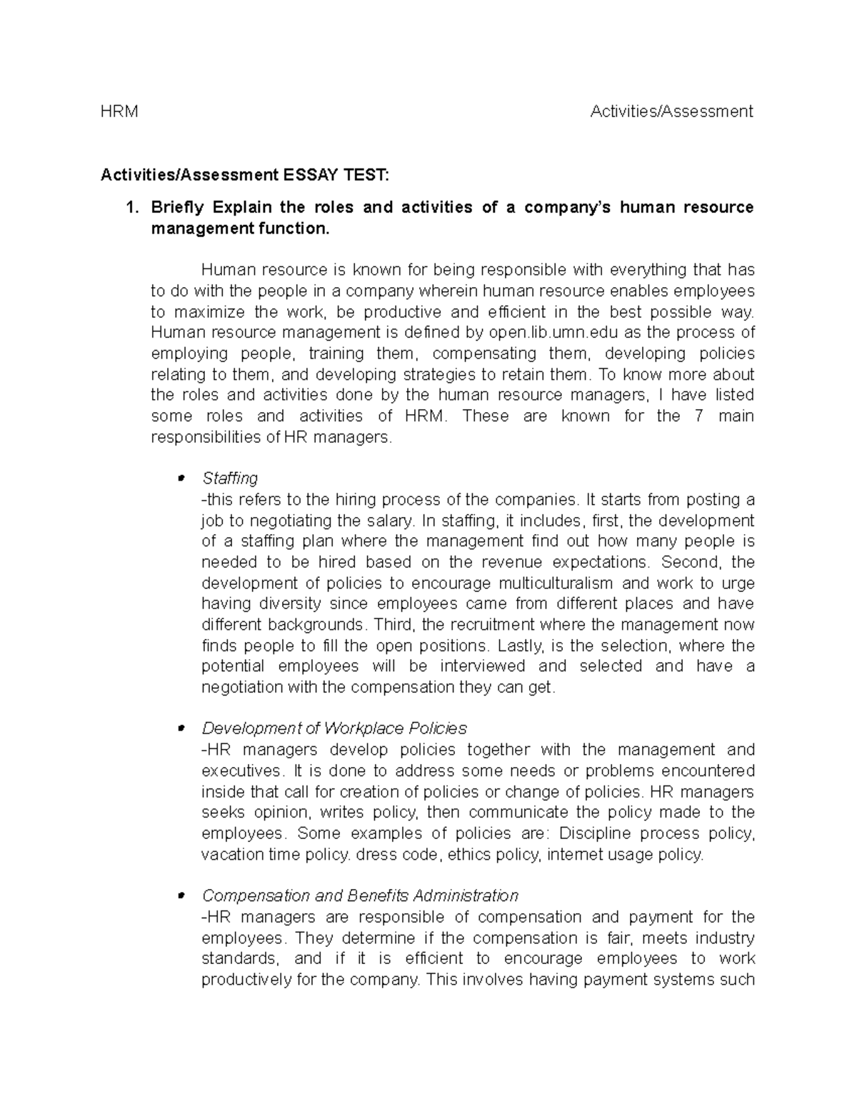 Assignment#1 - About roles and activities of a company’s human resource ...