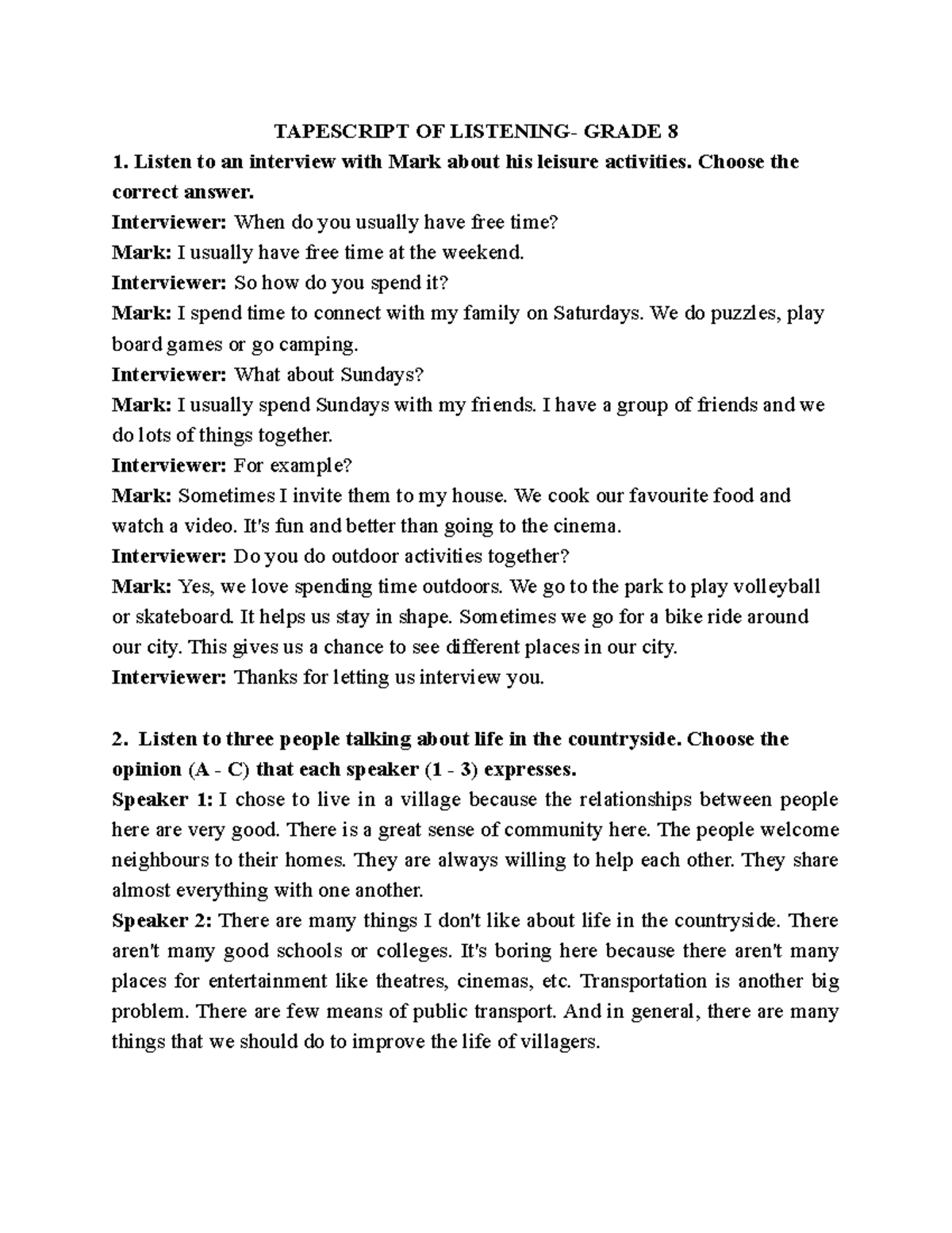 Tapescript OF Listening - TAPESCRIPT OF LISTENING- GRADE 8 Listen to an ...