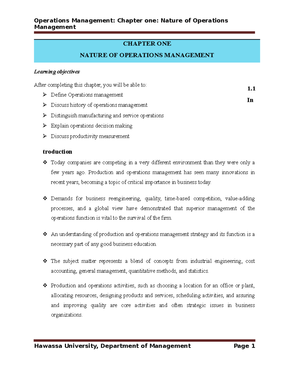 OM CH 1 - Management CHAPTER ONE NATURE OF OPERATIONS MANAGEMENT Learning objectives 1. In - Studocu