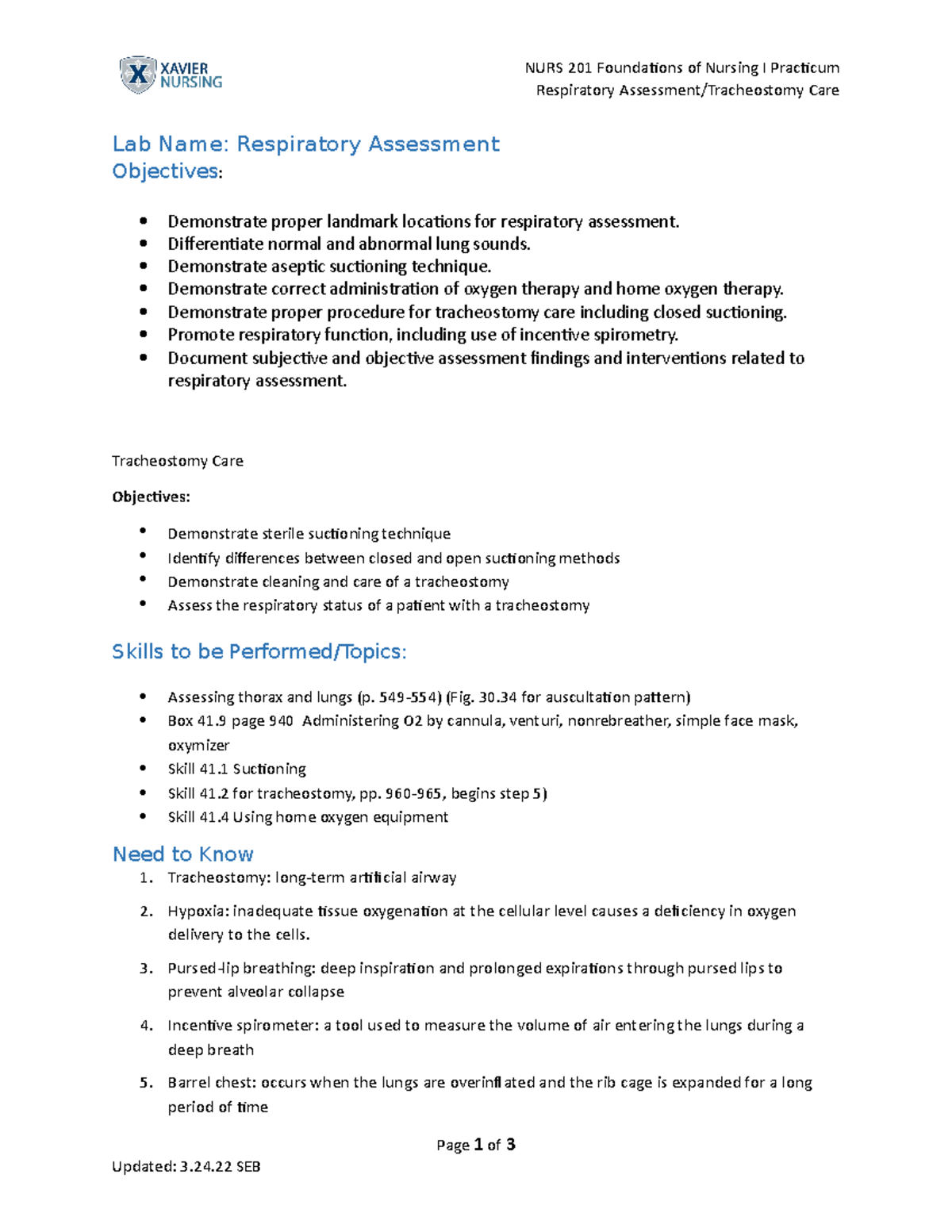 Respiratory-Trach Care Lab Guide - NURS 201 Foundations of Nursing I ...