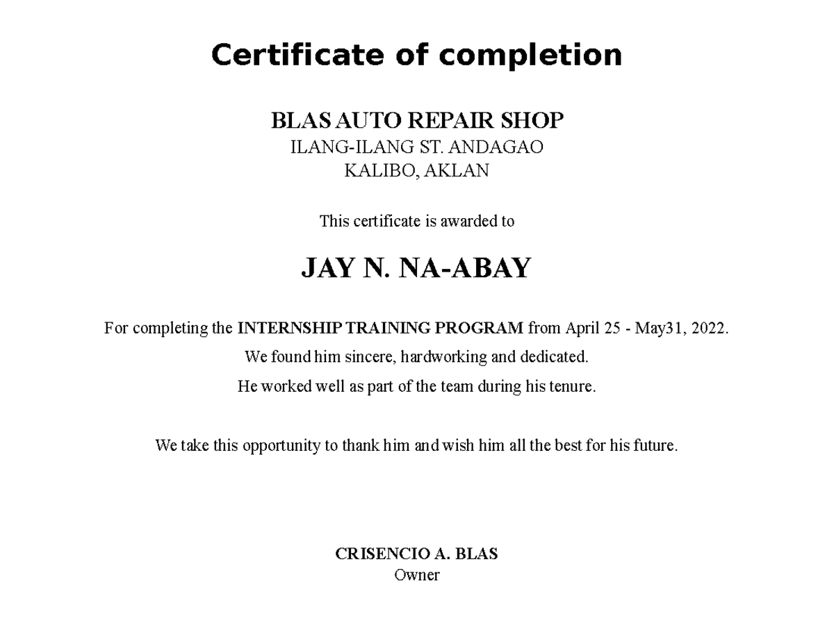 Certificate of completion - ANDAGAO KALIBO, AKLAN This certificate is ...