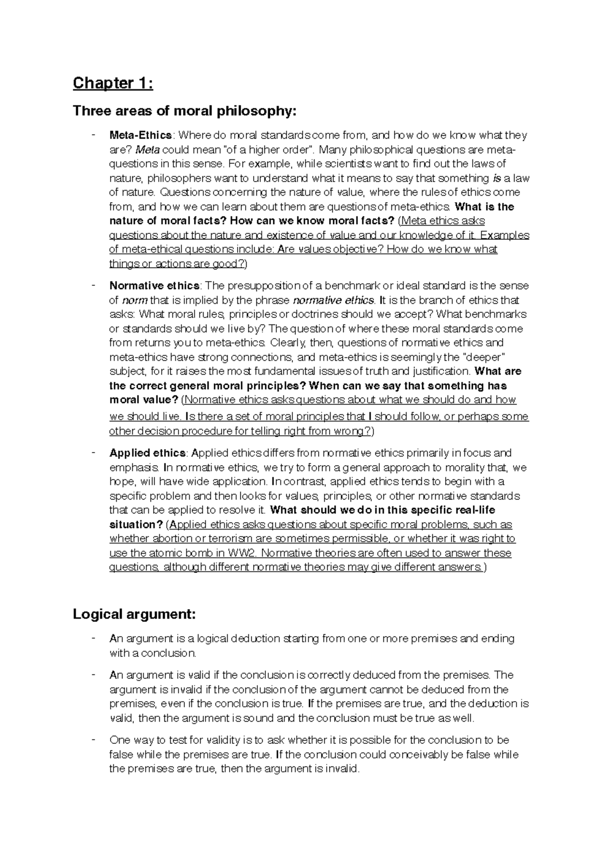 Ethics One Notes - Chapter 1: Three areas of moral philosophy: Meta ...