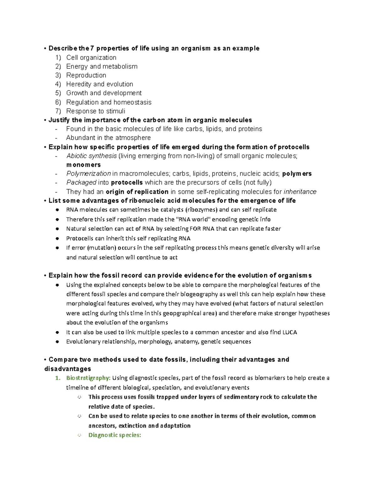 Learning Objectives Topic 8- Tree of Life - Describe the 7 properties ...