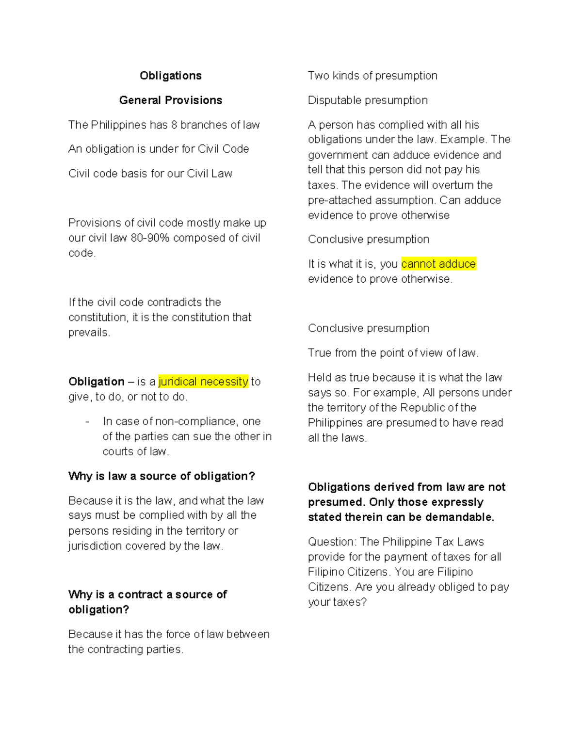 Oblicon notes Art - Obligations General Provisions The Philippines has ...