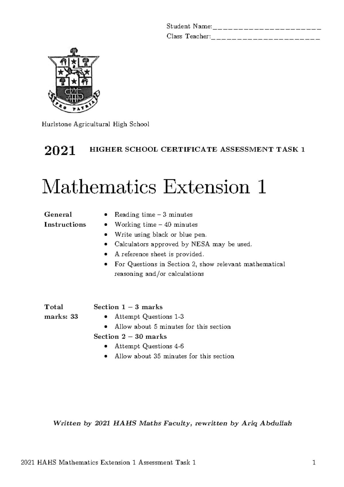 2021 hurlstone mathematics extension 1 task 1 w solutions - 2021 HAHS ...