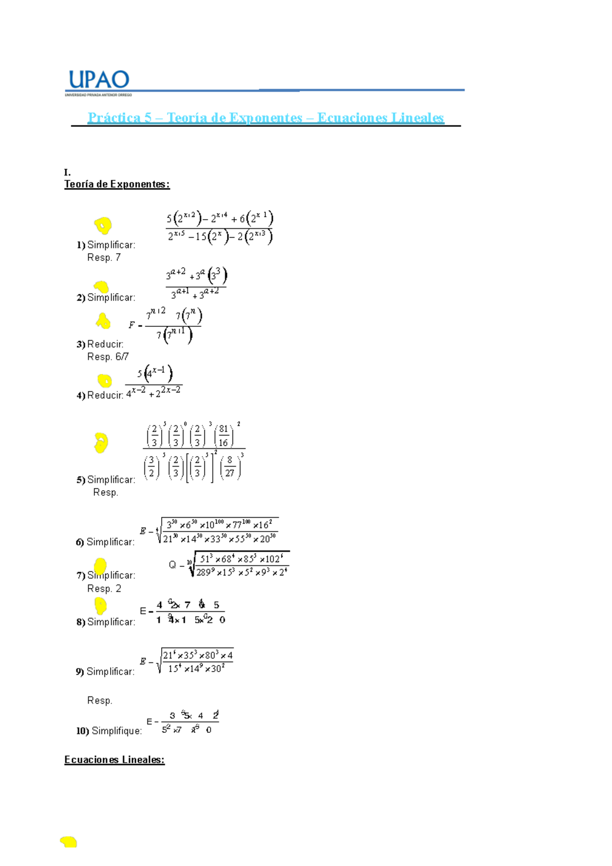 Matemáticas básicas - I. Teoría de Exponentes: 1) Simplificar ...