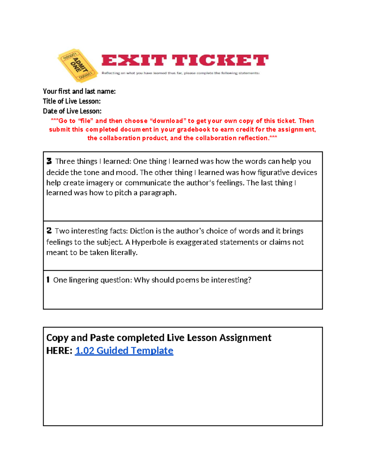 Copy of English II Live Lesson Exit Ticket - Your first and last name ...