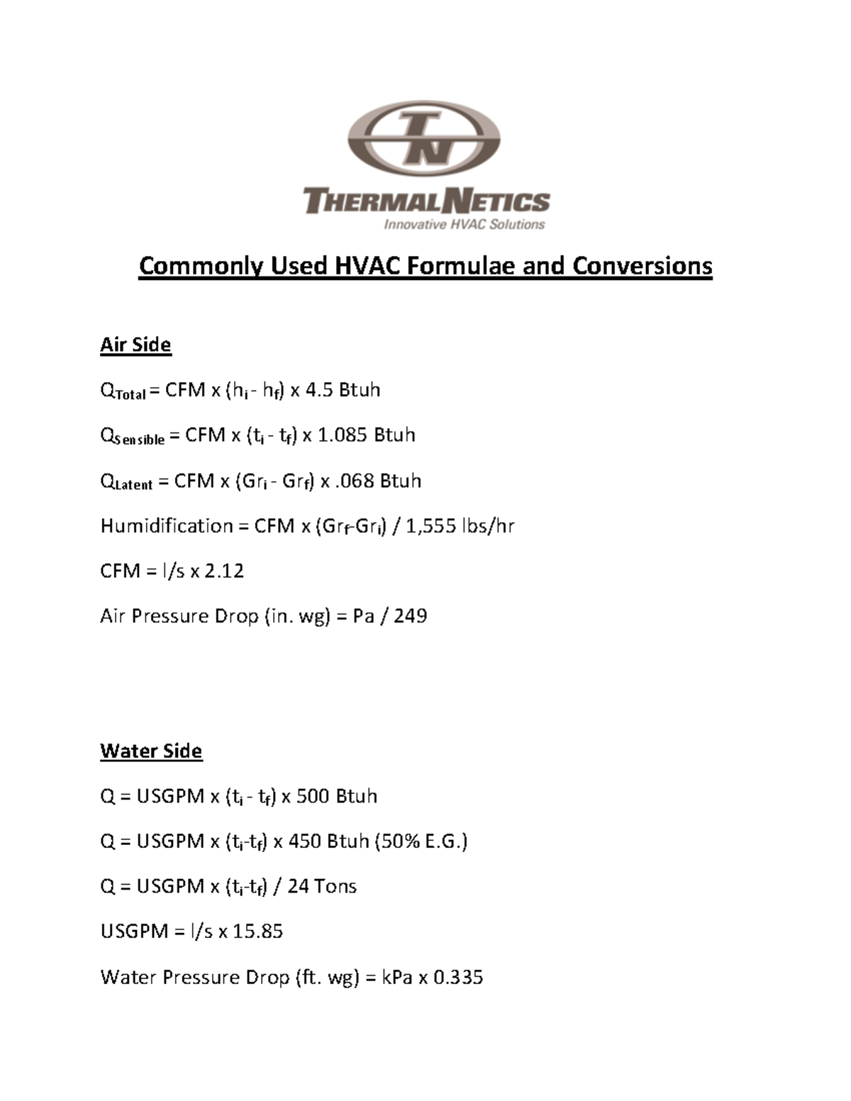 Hvac formulae - Air conditioning - Commonly Used HVAC Formulae and ...