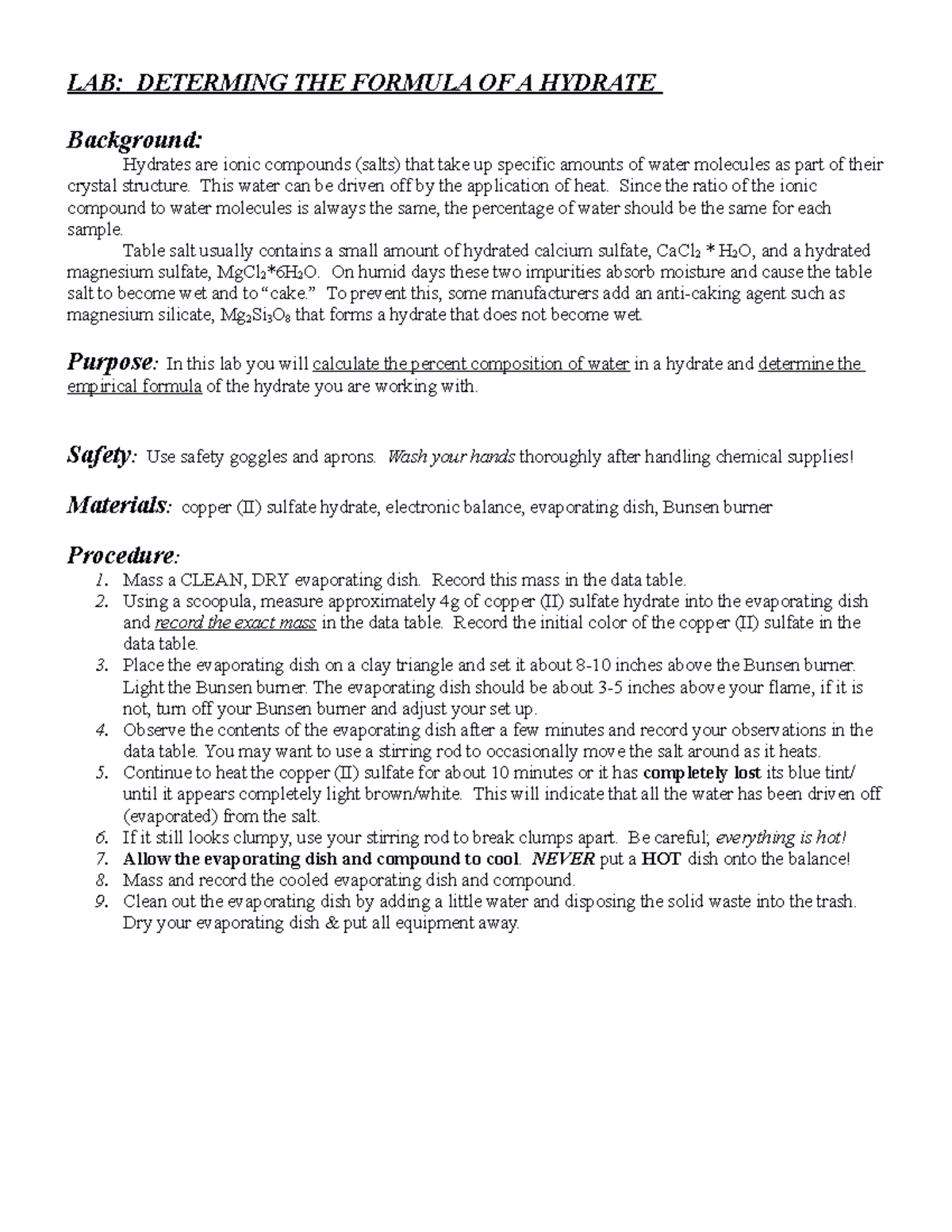Hydrate lab honors Quia - LAB: DETERMING THE FORMULA OF A HYDRATE ...
