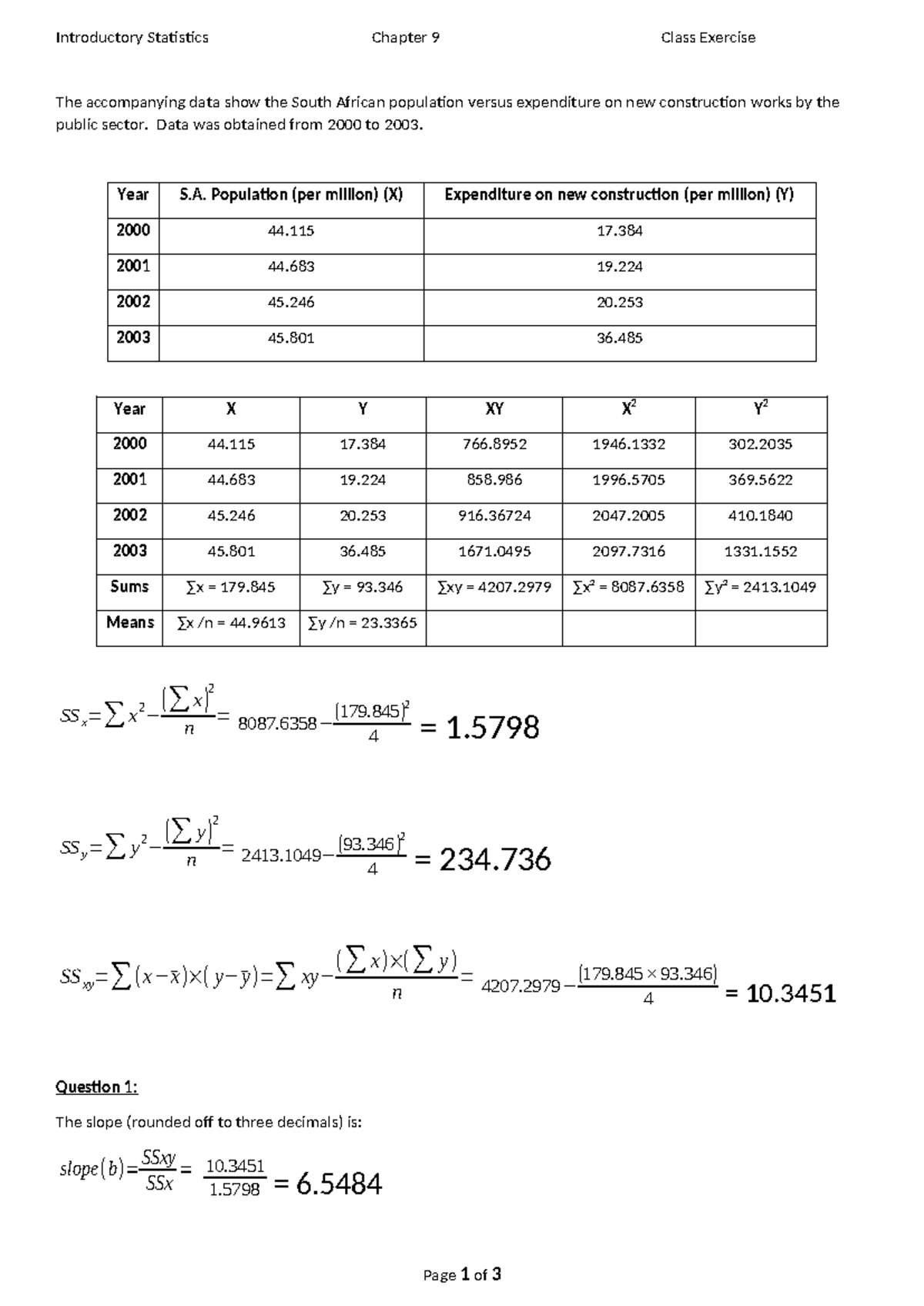 Ch 9 Class Exercise - Introductory Statistics Chapter 9 Class Exercise ...
