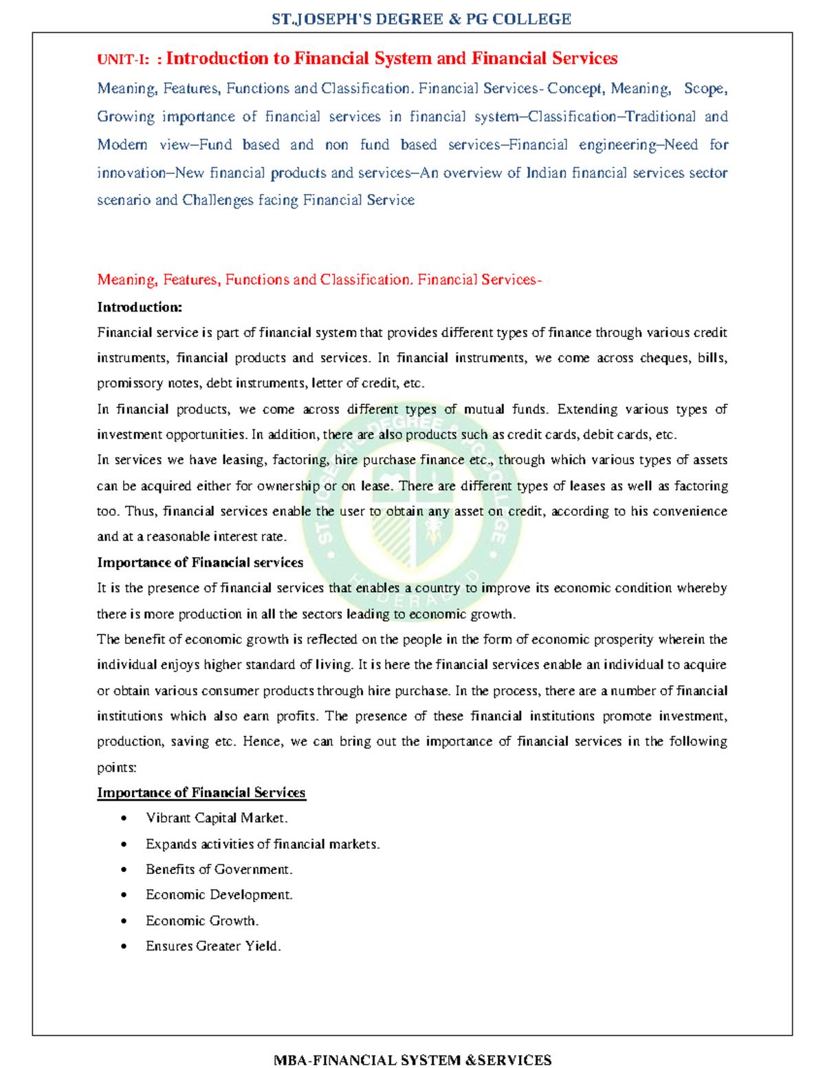 FSS - Financial system and service SEM II - UNIT-I: : Introduction to ...