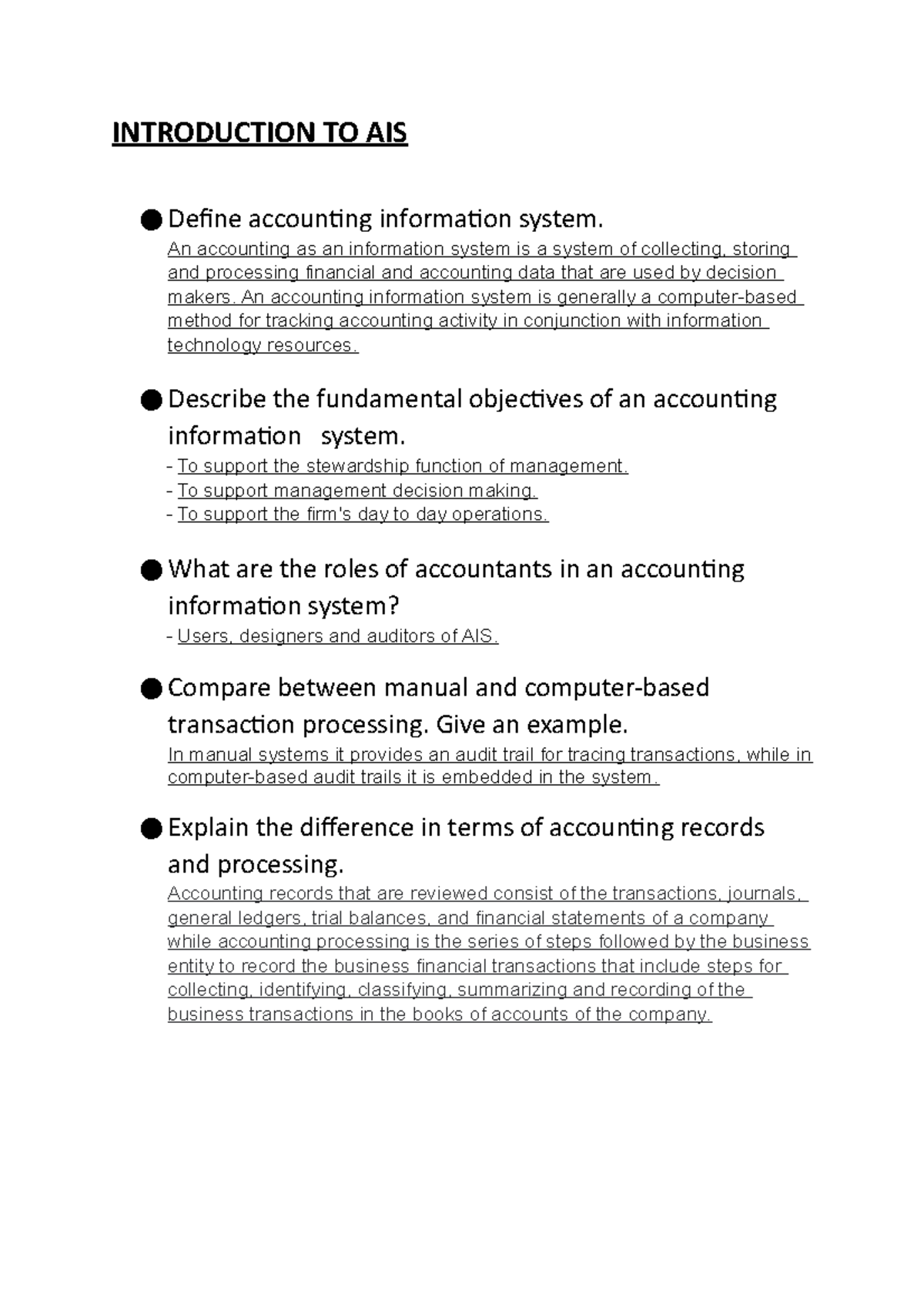 Introduction To Ais Asgn Introduction To Ais Define Accounting Information System An