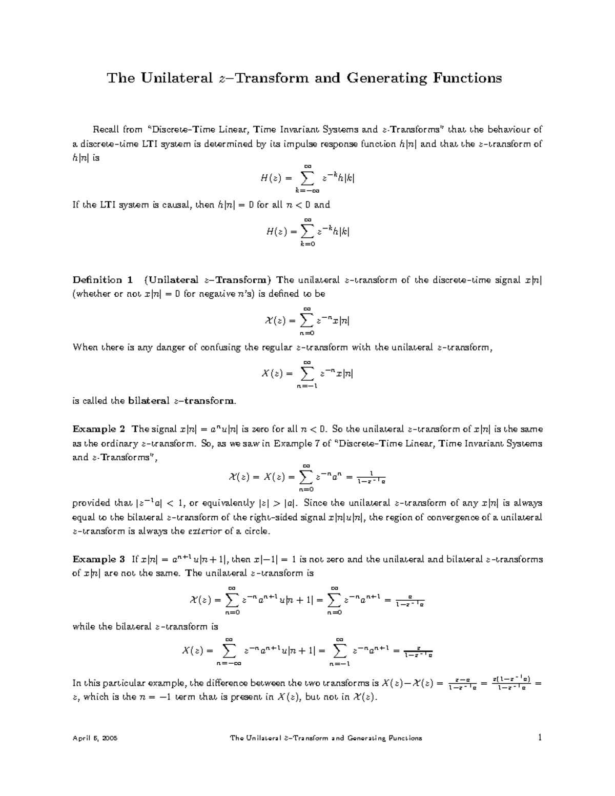 The Unilateral z–Transform and Generating Functions - The Unilateral z ...