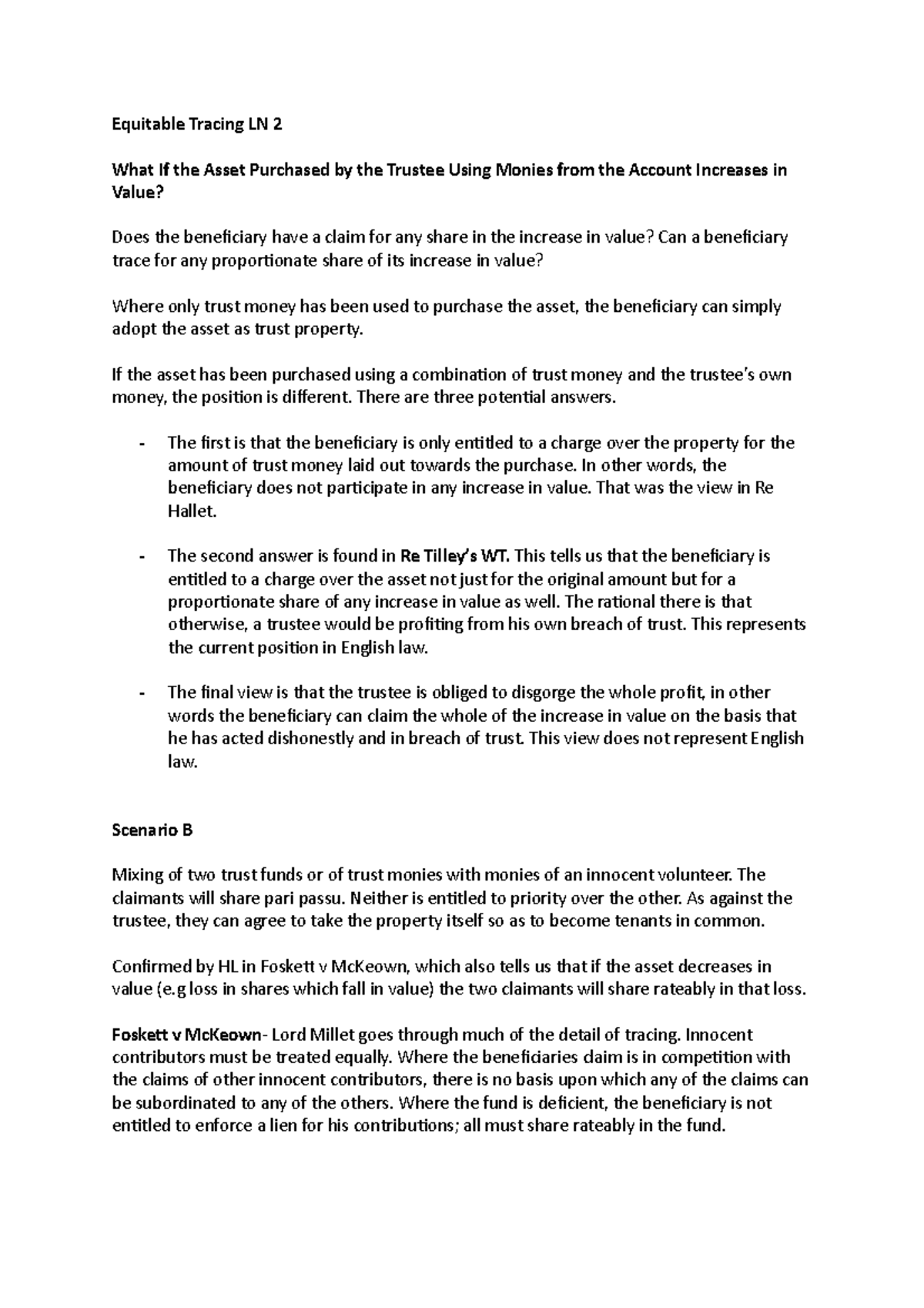 Equitable Tracing LN 2 - If the asset has been purchased using a ...