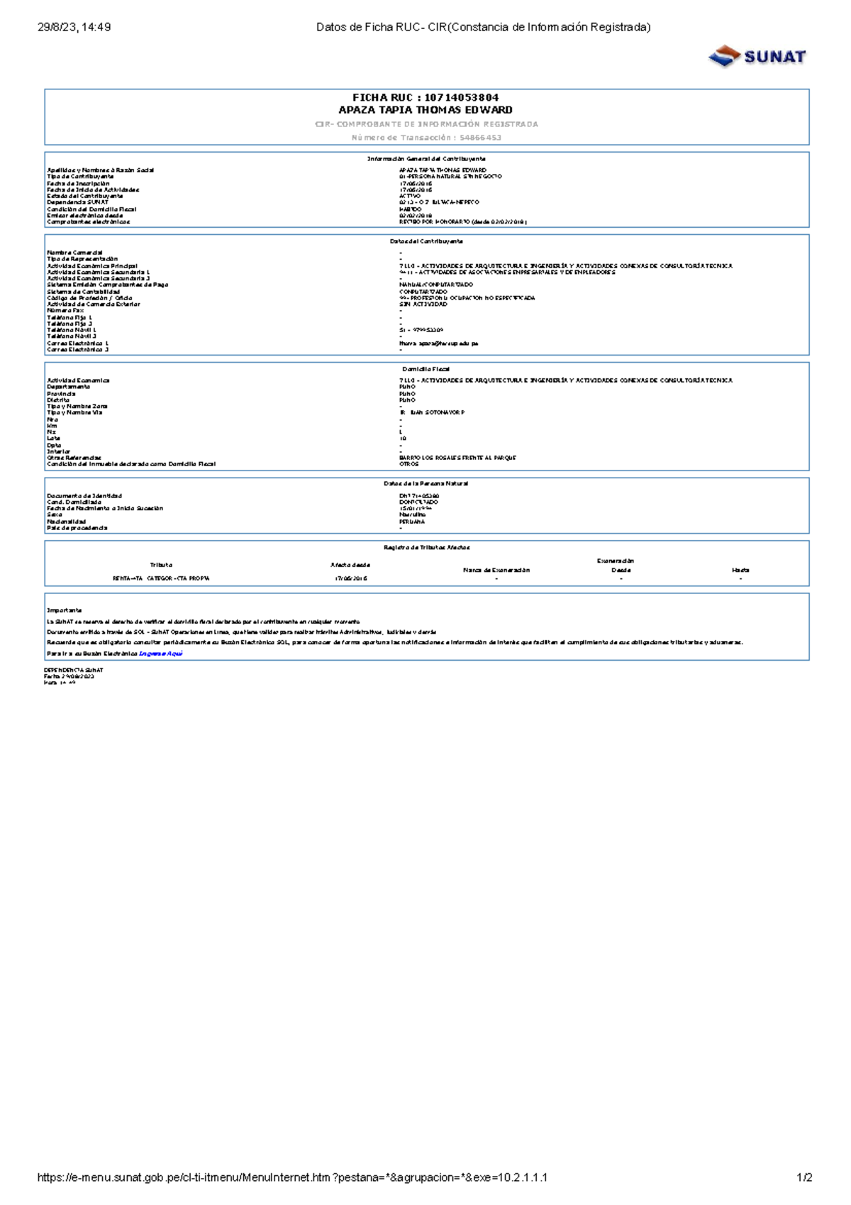 Sunat - Ficha ruc - 29/8/23, 14:49 Datos de Ficha RUC- CIR(Constancia de Información Registrada ...