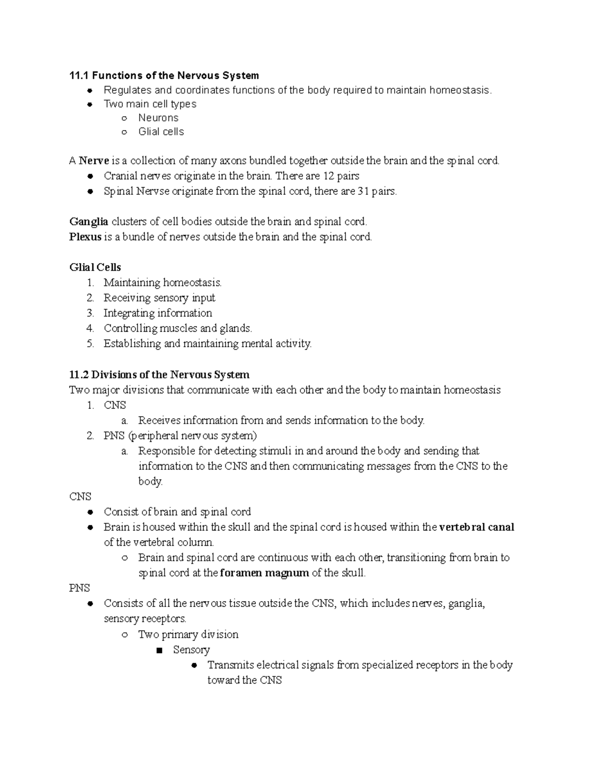 Chapter 11 A&P Notes - 11 Functions of the Nervous System Regulates and ...
