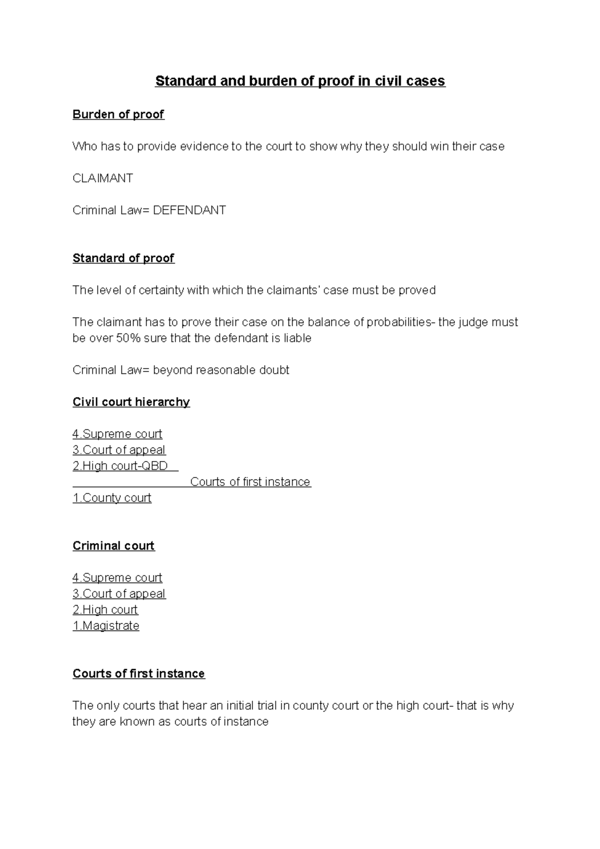 BTEC LAW Notes - The standard of proof is the degree to which a party ...