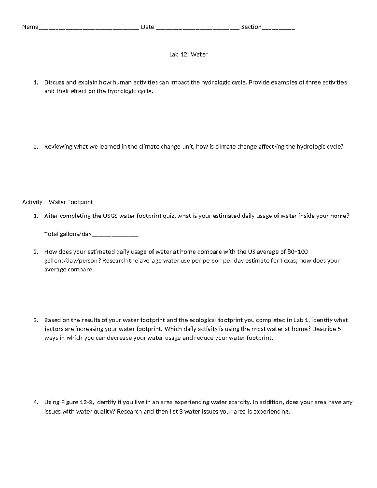 LSC Lab 12 Water - DNEJFDHDBE FREEE - Name ...