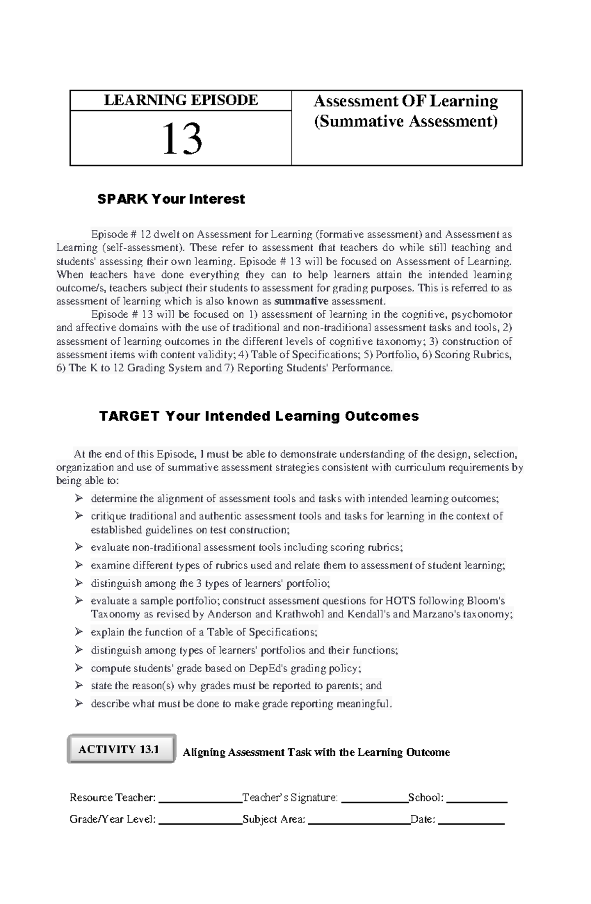FS 1 Learning Episode 13 - LEARNING EPISODE Assessment OF Learning ...
