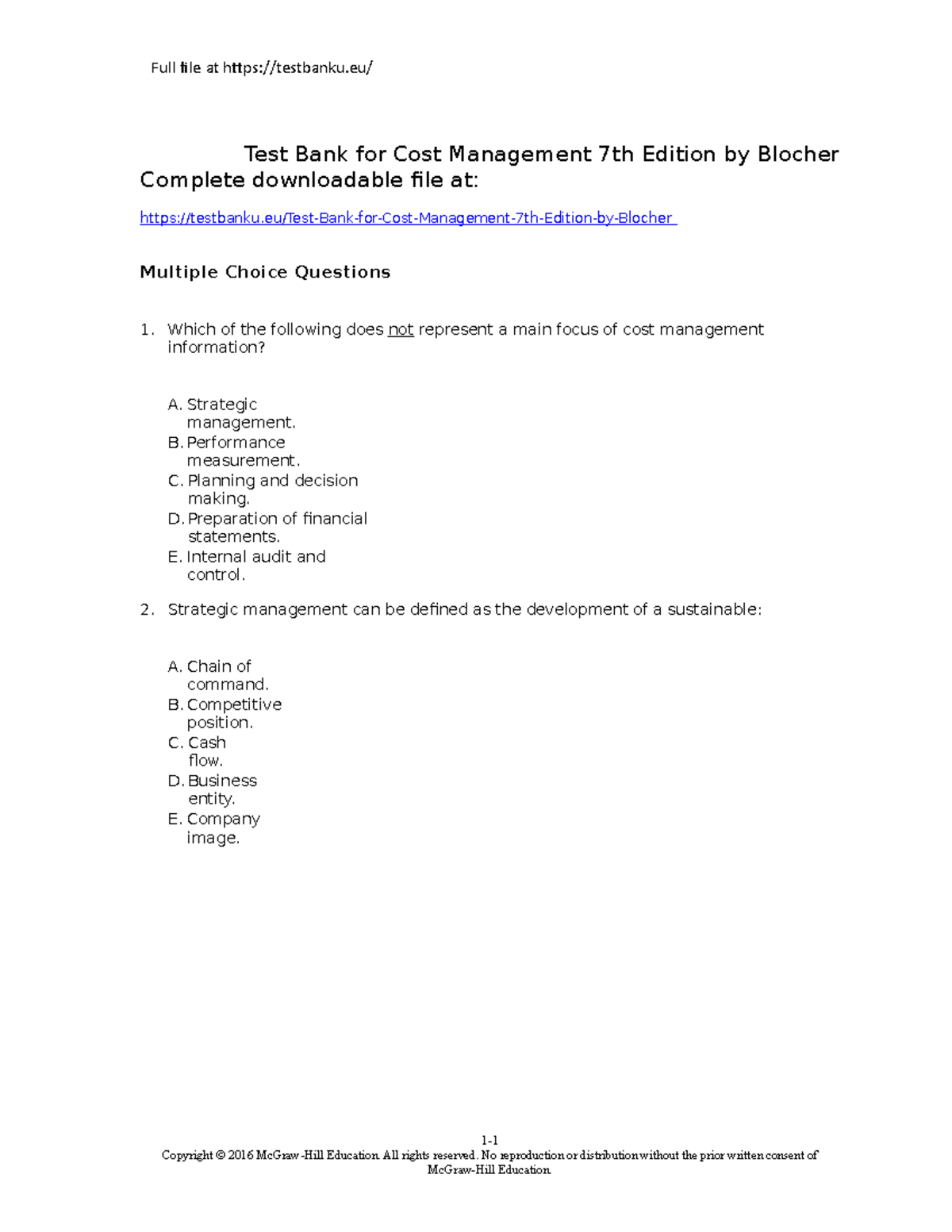 Test Bank for Cost Management 7th Editio - Strategic management. B ...