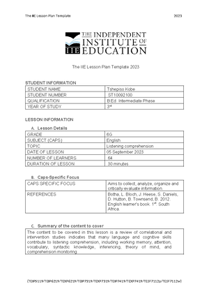TEXP7319 TE306 Observation Learning Log - lesson plans - Annexure B ...