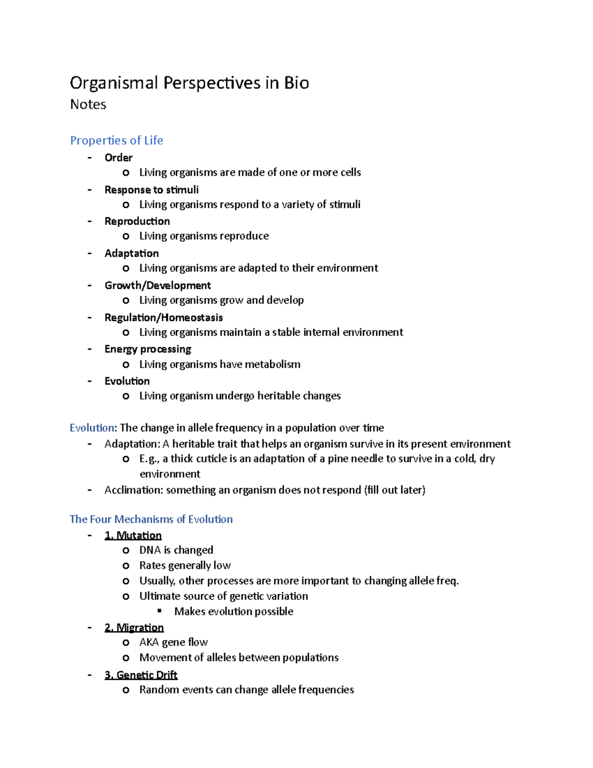Notes - Organismal Perspectives in Bio Notes Properties of Life - Order ...