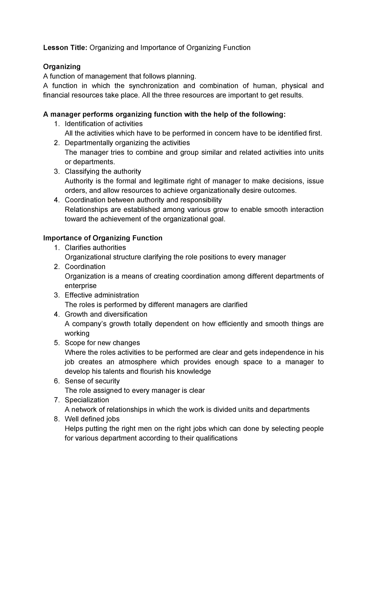 Organizing and Importance of Organizing Function - Lesson Title ...