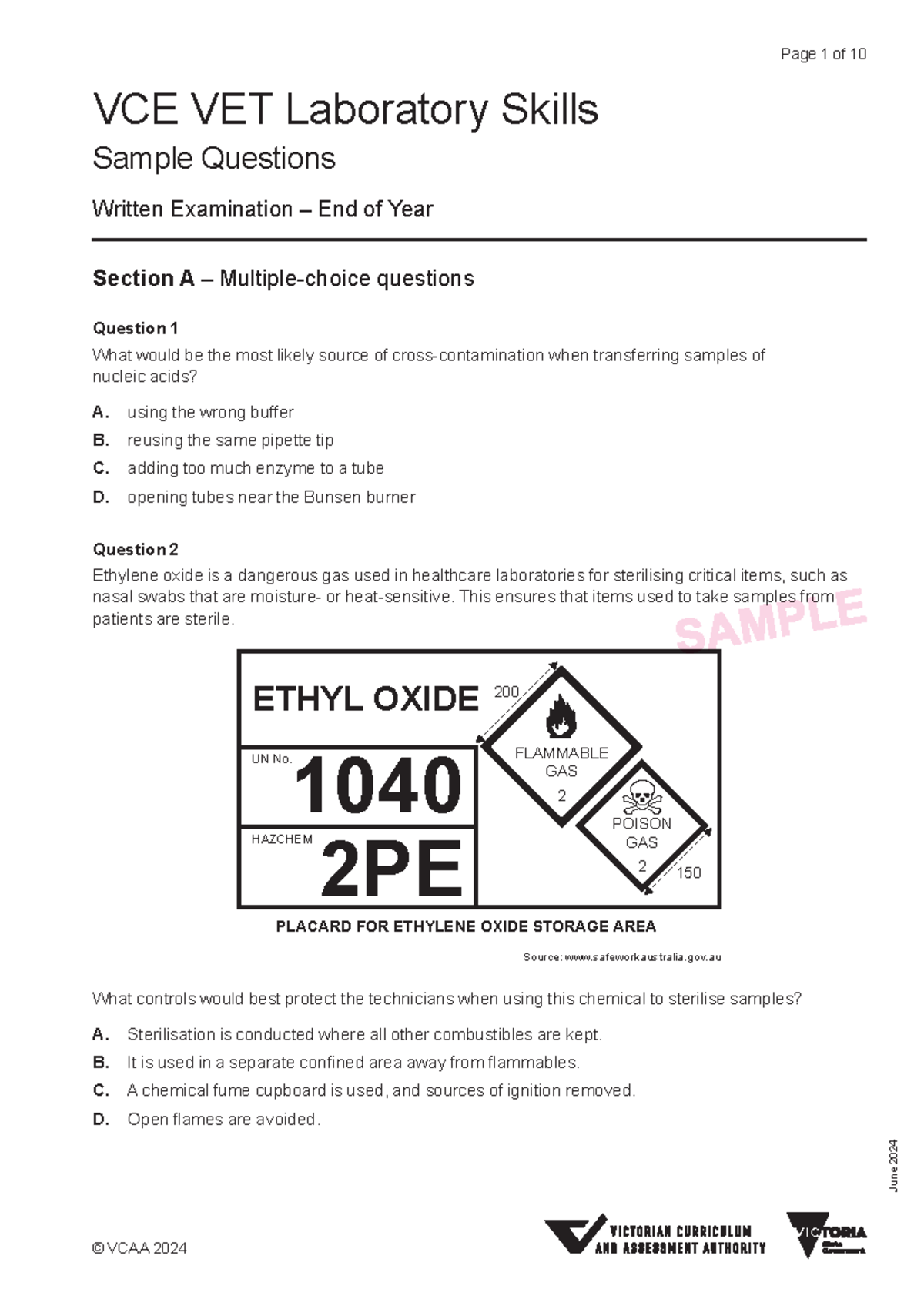 VETLab Skills-Sample Q-w - Page 1 of 10 VCE VET Laboratory Skills Sample Questions Written - Studocu