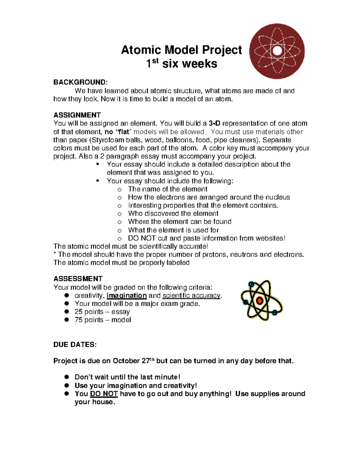 Atomicmodelproject - jukkhbhb - Atomic Model Project 1 st six weeks ...