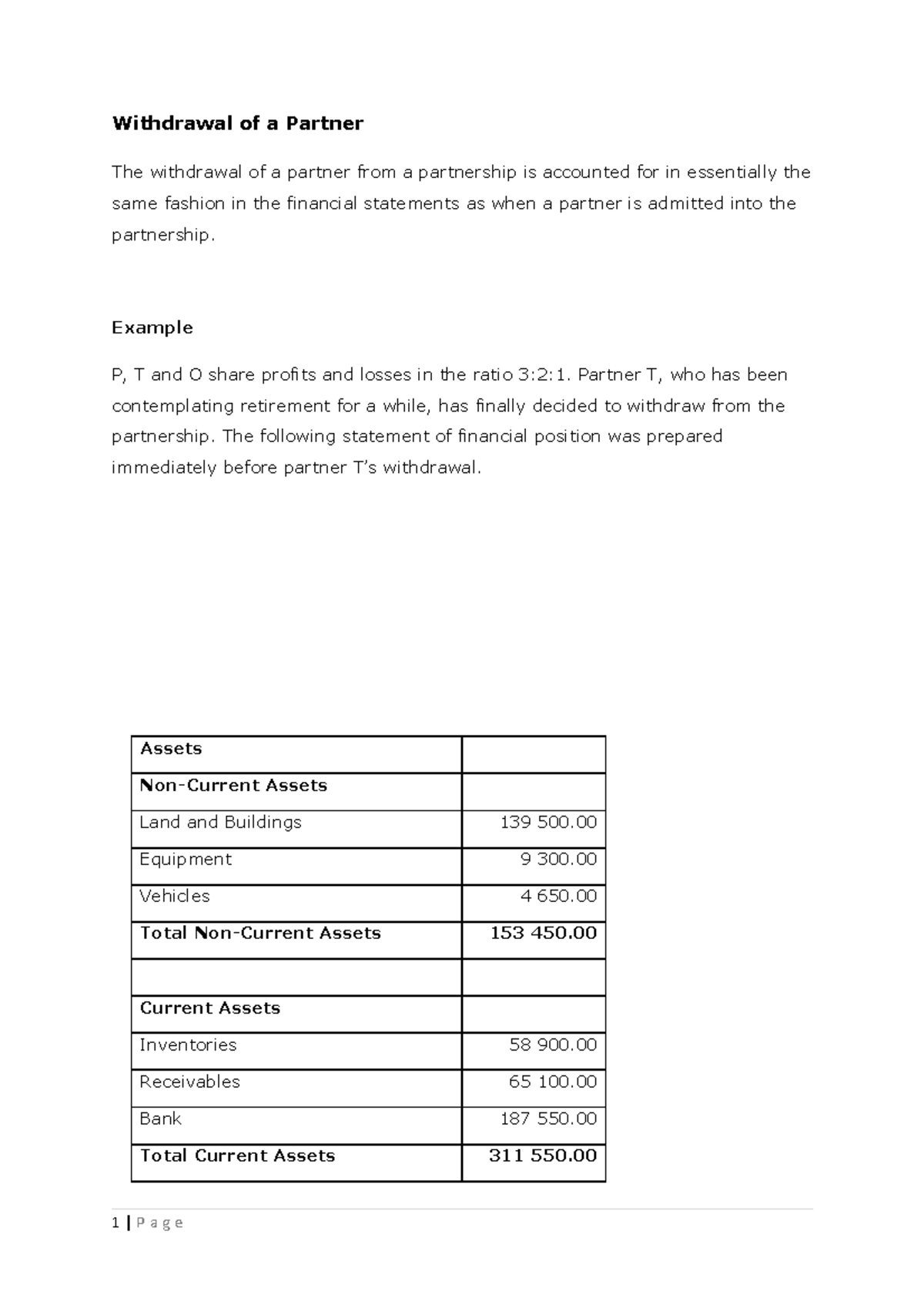 Withdrawal of a Partner - Example P, T and O share profits and losses ...