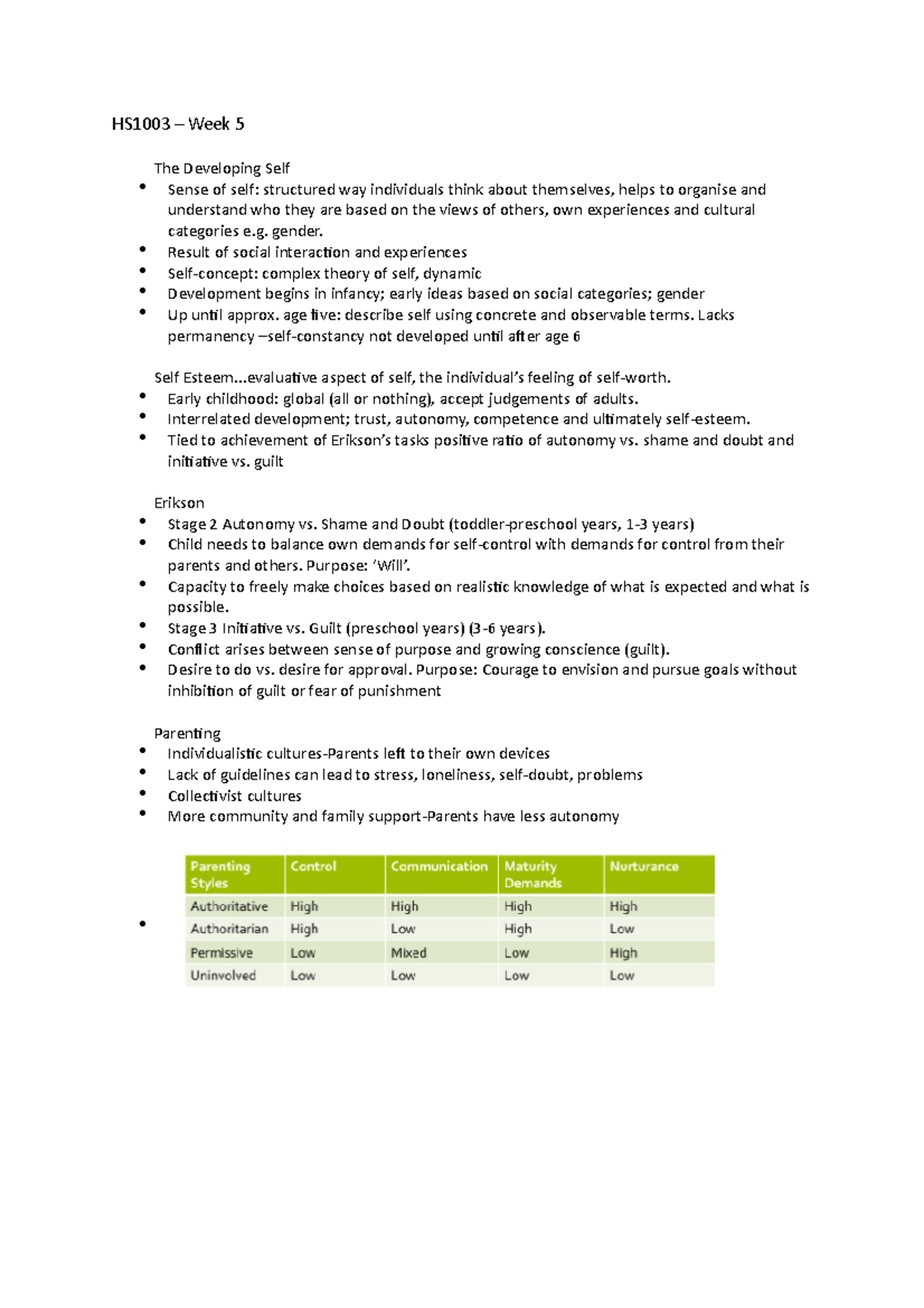 HS1003 - Week 5 - HS1003 – Week 5 The Developing Self Sense of self ...