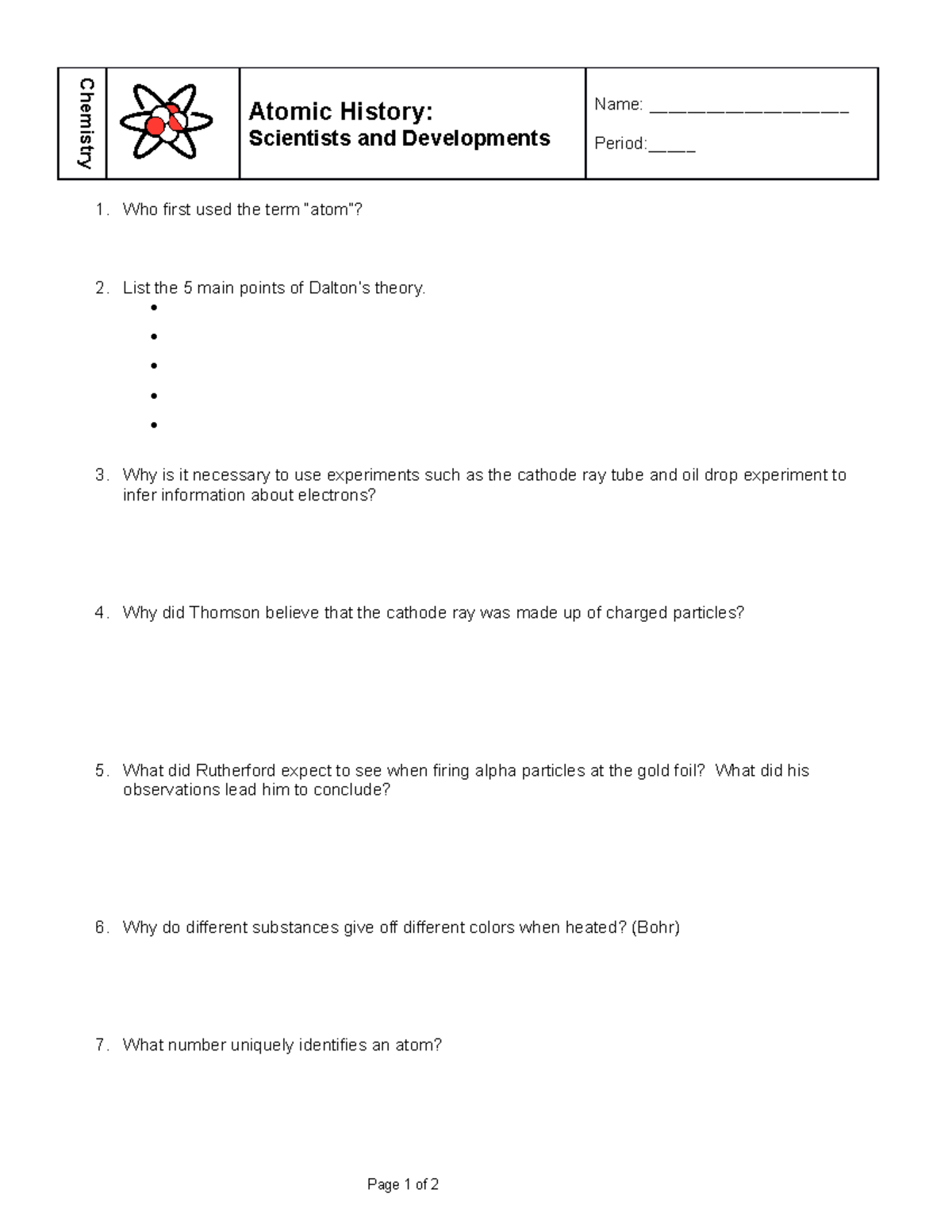 ALL Notes- Atomic History - Chemistry Atomic History: Scientists and ...