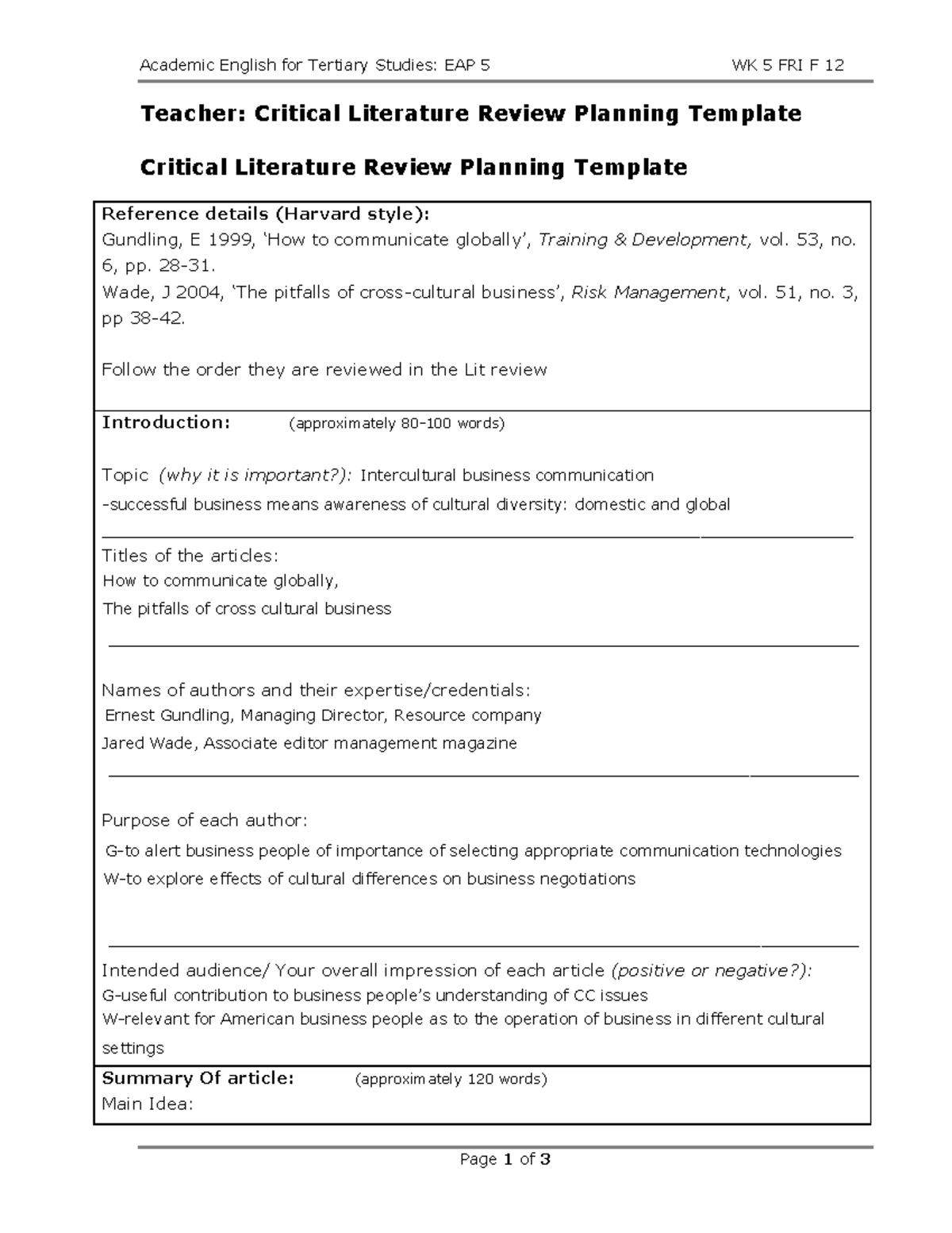 5.5 CLR planning template-Sample Literature Review - Academic English ...
