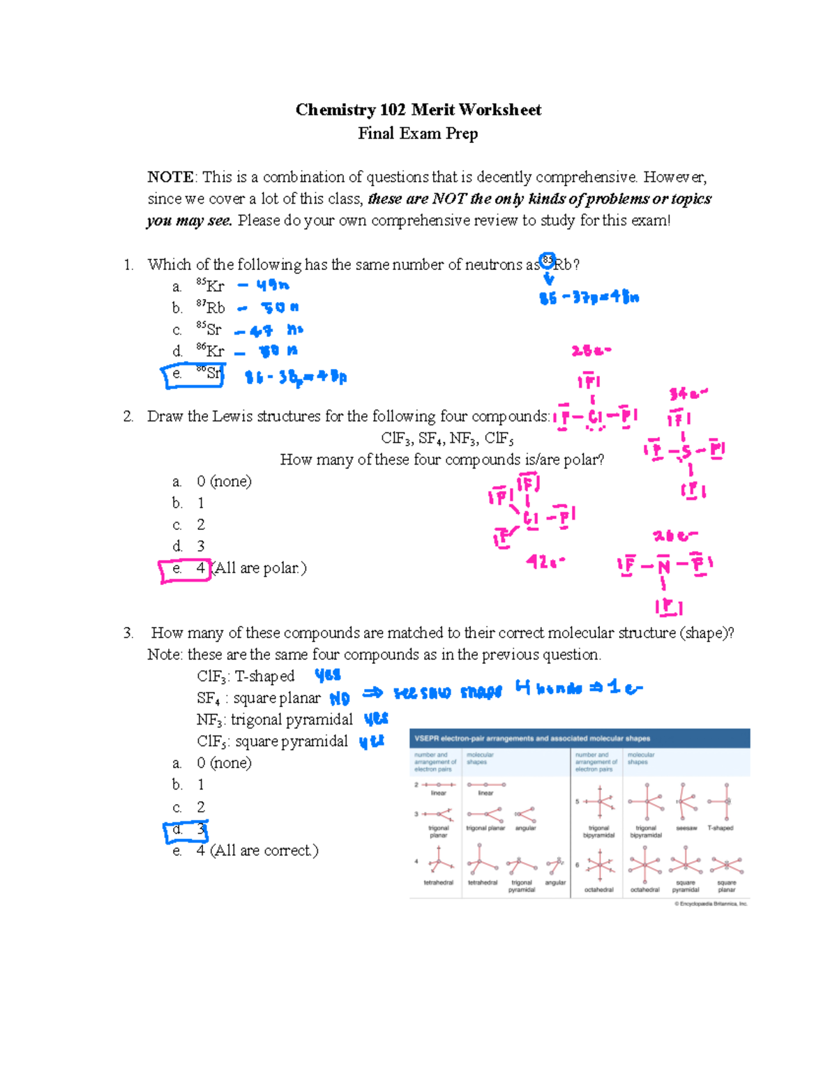 Chemistry 102 Merit Worksheet -Final Exam Prep - However, since we ...