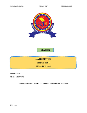 MATH GR 11 TEST 1 11 March 2024 - JS D11 MATHEMATICS GRADE 11 TEST ...