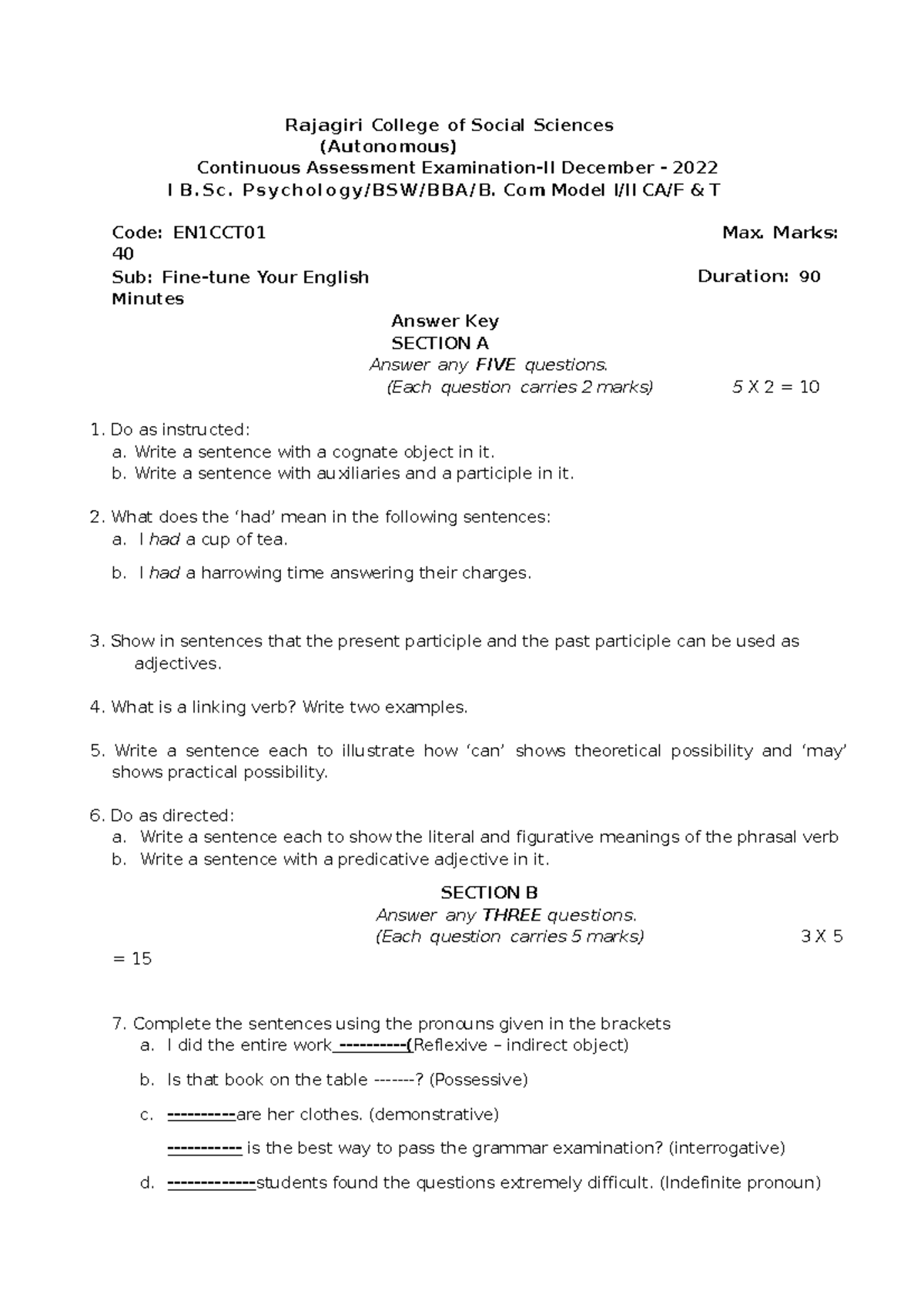 Model QP - English sample question paper - Rajagiri College of Social ...