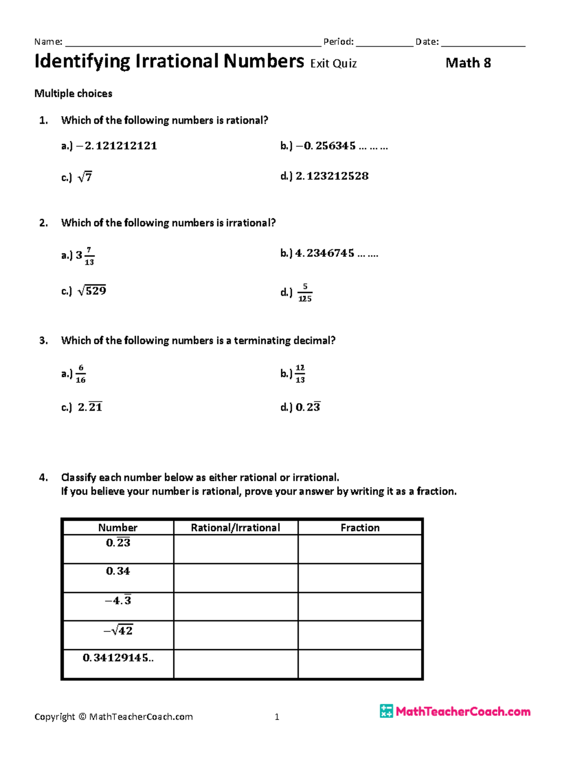 1 4 Exit Quiz Identifying Irrational Numbers - Identifying Irrational ...