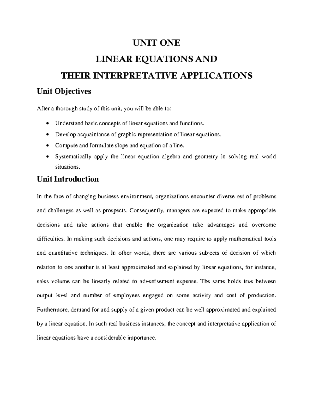 Maths chapter 1 - Nice notes with good examples - UNIT ONE LINEAR ...