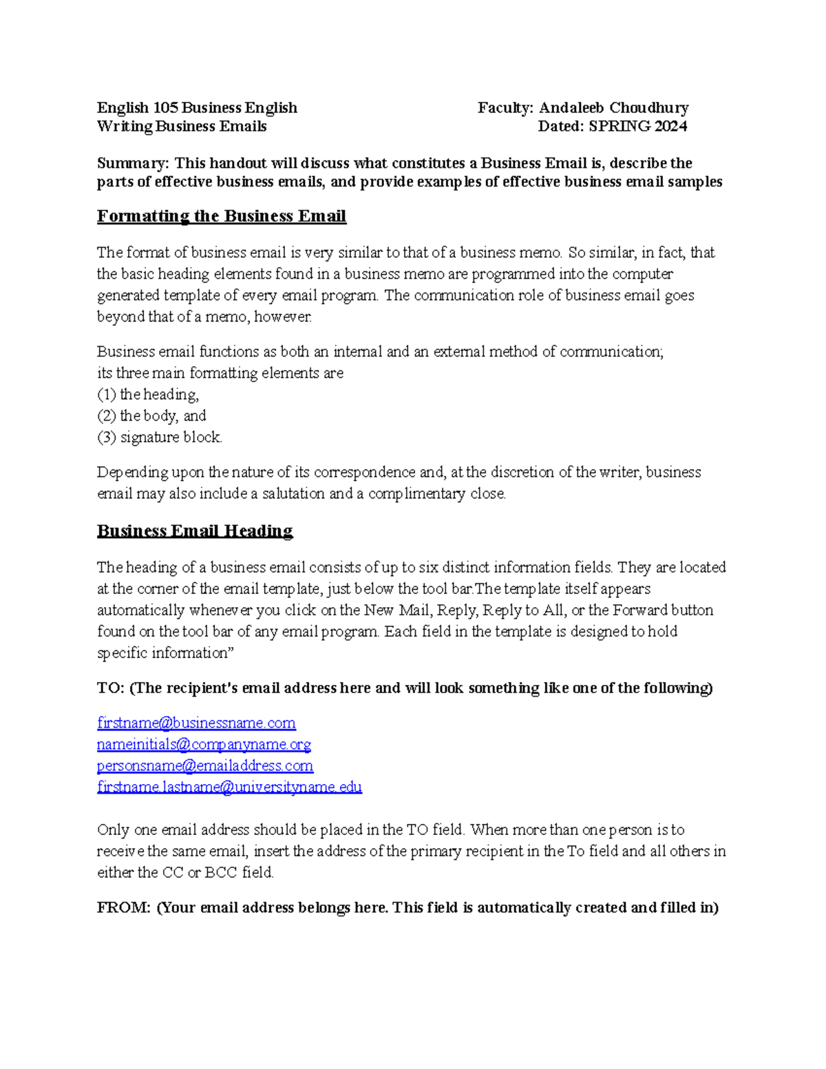 Eng 105-Business Email Handout (Updated) - English 105 Business English ...