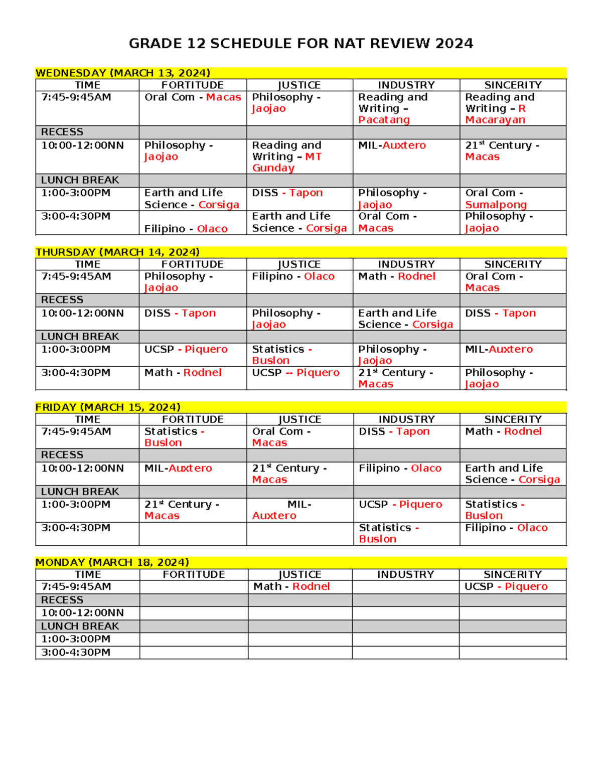 Grade 12 Schedule FOR NAT Review - GRADE 12 SCHEDULE FOR NAT REVIEW ...