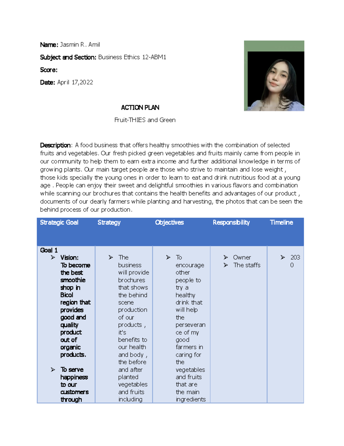 Action PLAN - Name: Jasmin R. Amil Subject and Section: Business Ethics ...