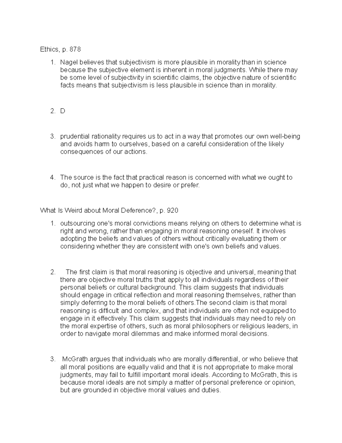 Modeule 10 reading questions - Ethics, p. 878 Nagel believes that ...