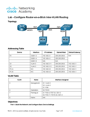 Lab 2 Configure Basic Router Settings - Topology Addressing Table Device Interface IP Address ...