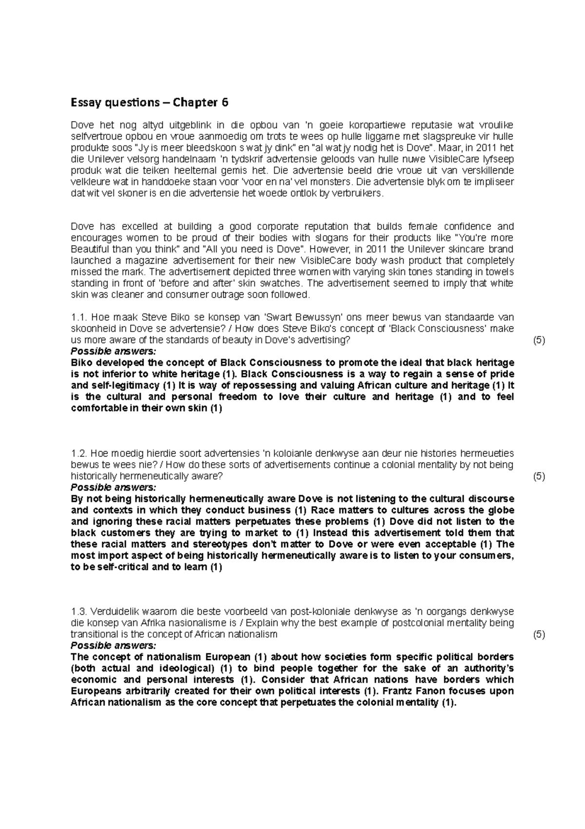 Practice questions CH 6 - Essay questions – Chapter 6 Dove het nog altyd uitgeblink in die opbou ...