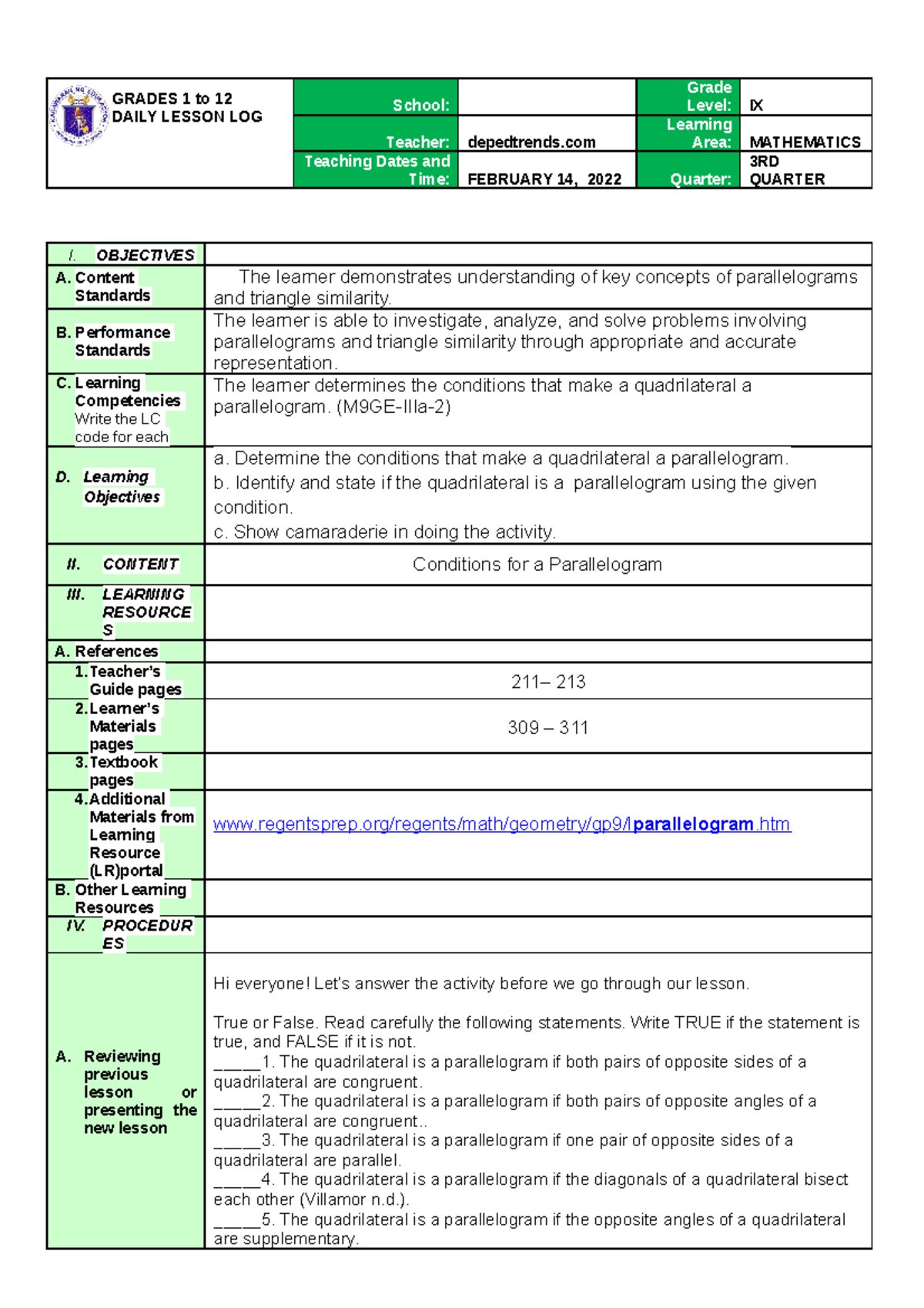 G9 q3 day2 - Math 9 activities - GRADES 1 to 12 DAILY LESSON LOG School ...