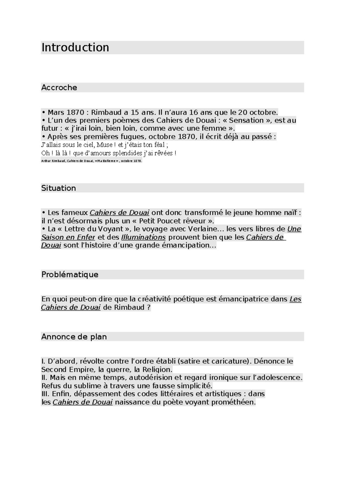 Dissert les cahiers de Douai - Introduction Accroche • Mars 1870 ...