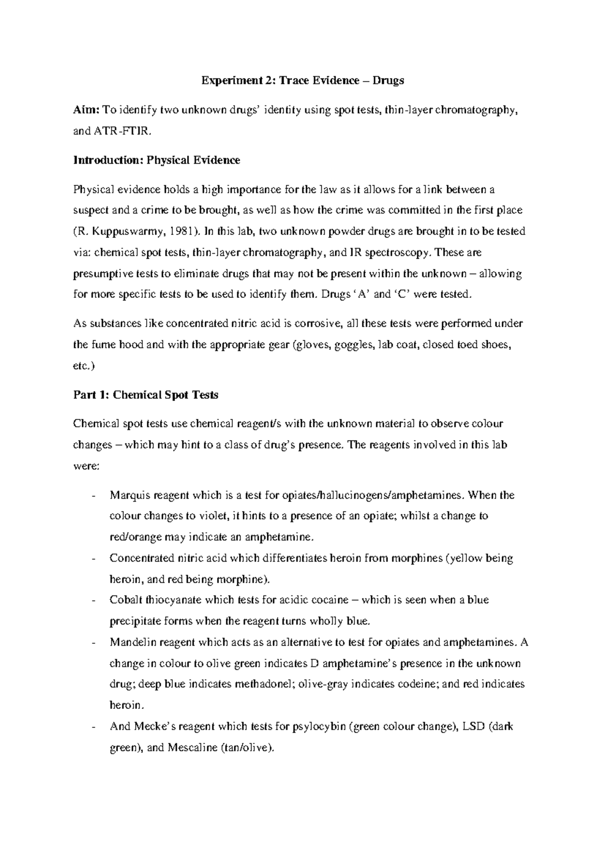 Trace Evidence Lab Report - Experiment 2: Trace Evidence – Drugs Aim ...