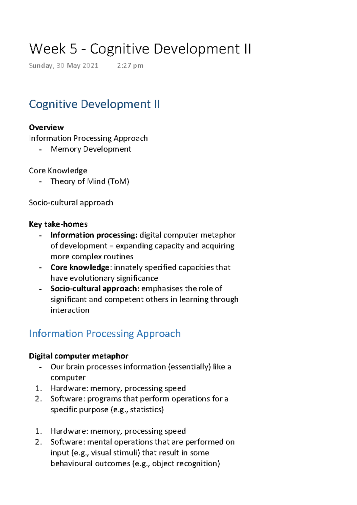 Week 5 - Cognitive Development II - Cognitive Development II Overview ...