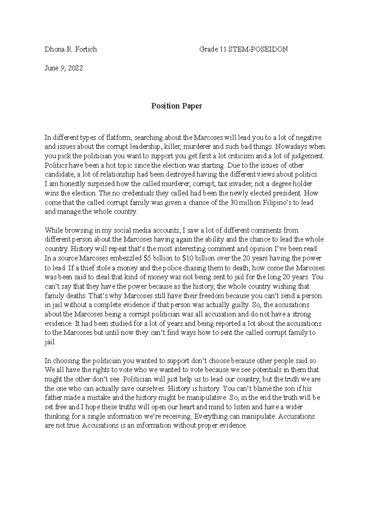 Position paper - English - Dhona R. Fortich Grade 11 STEM-POSEIDON June ...