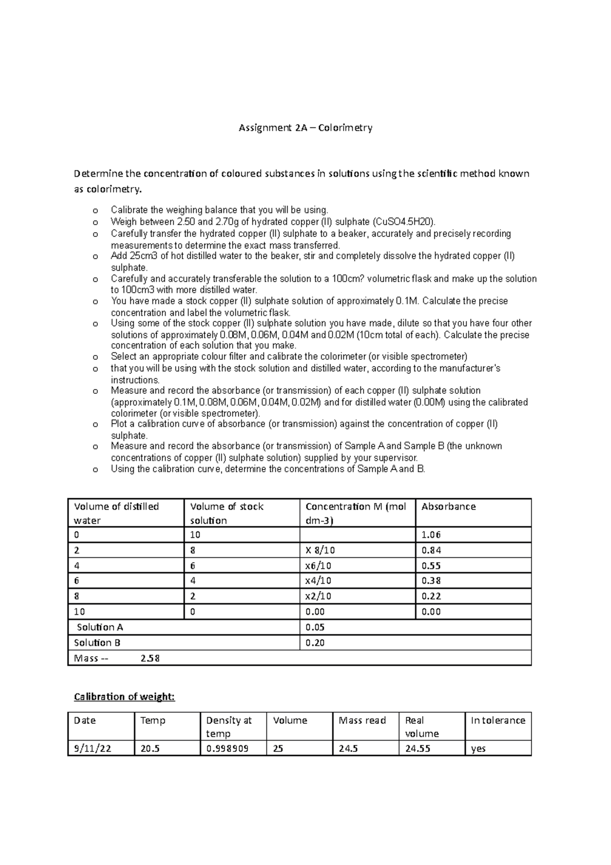 Assignment 2A - Colorimetry (student) - Assignment 2A – Colorimetry ...
